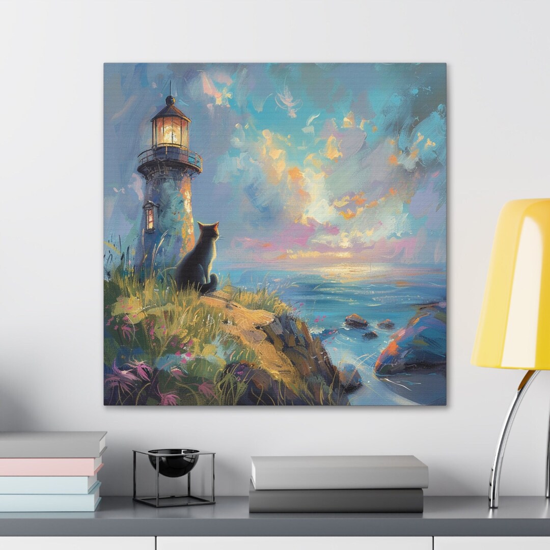 Lighthouse Cat Canvas Wall Art, Cat Mom Gift Art, Cute Kitty Wall Decor ...