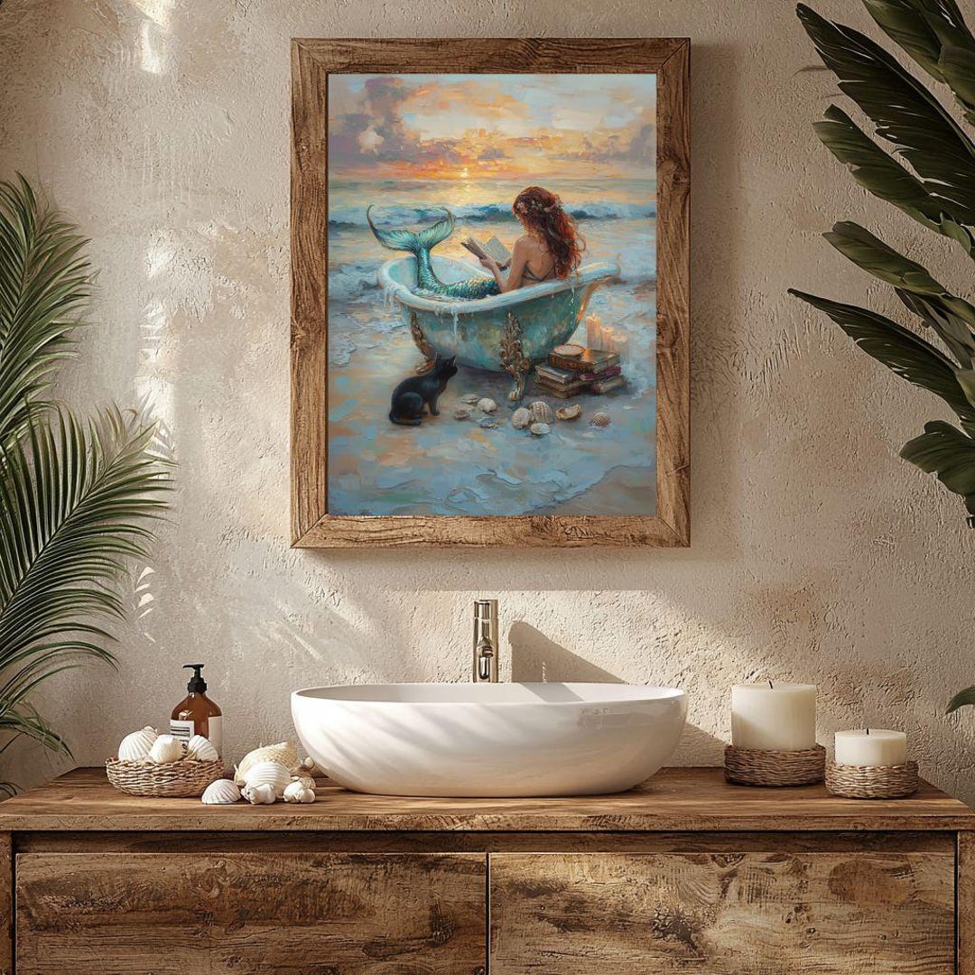 Mermaid Reading Book in Ocean Bathtub With Black Cat Poster, Coastal ...