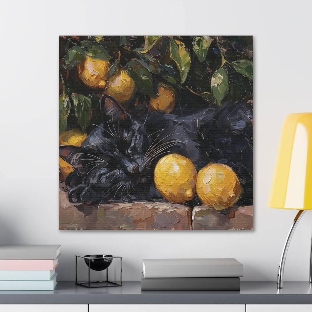 Black Cat and Lemon Tree Art Canvas, Cat Lover Gift, Black Kitty Print ...