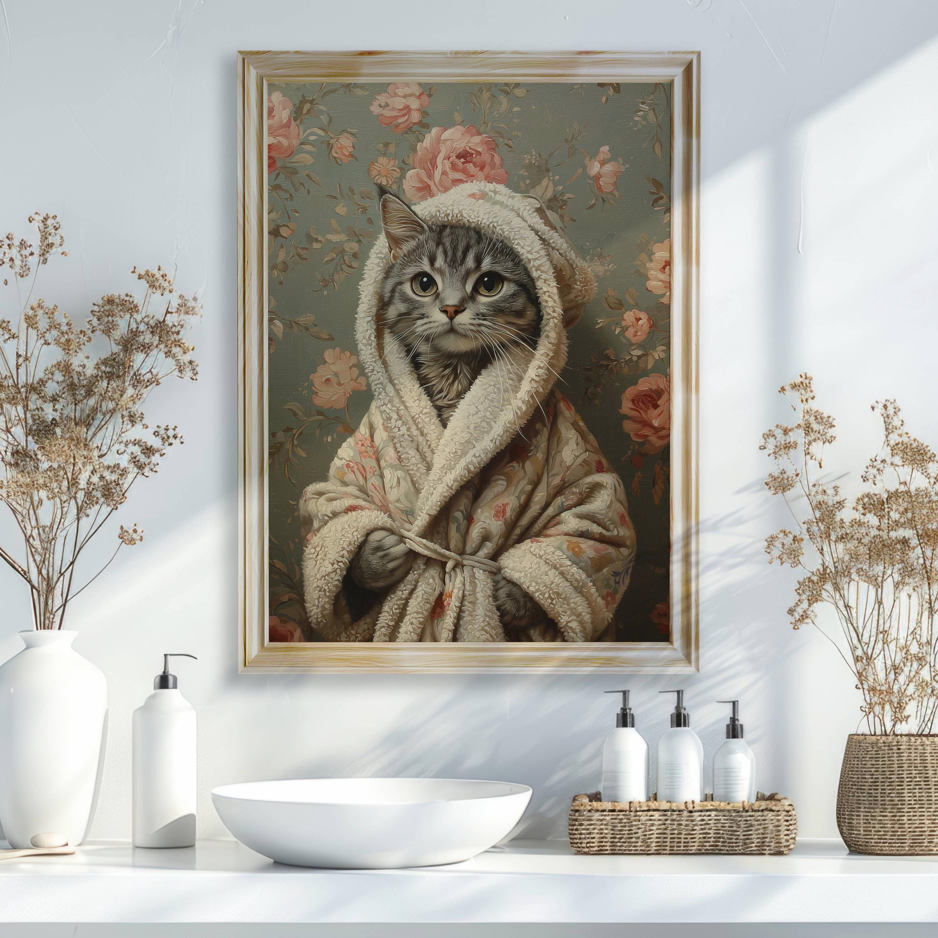 Gray Tabby Cat in Bathrobe Poster, Cute Cat Lover Bathroom Decor, Cat ...