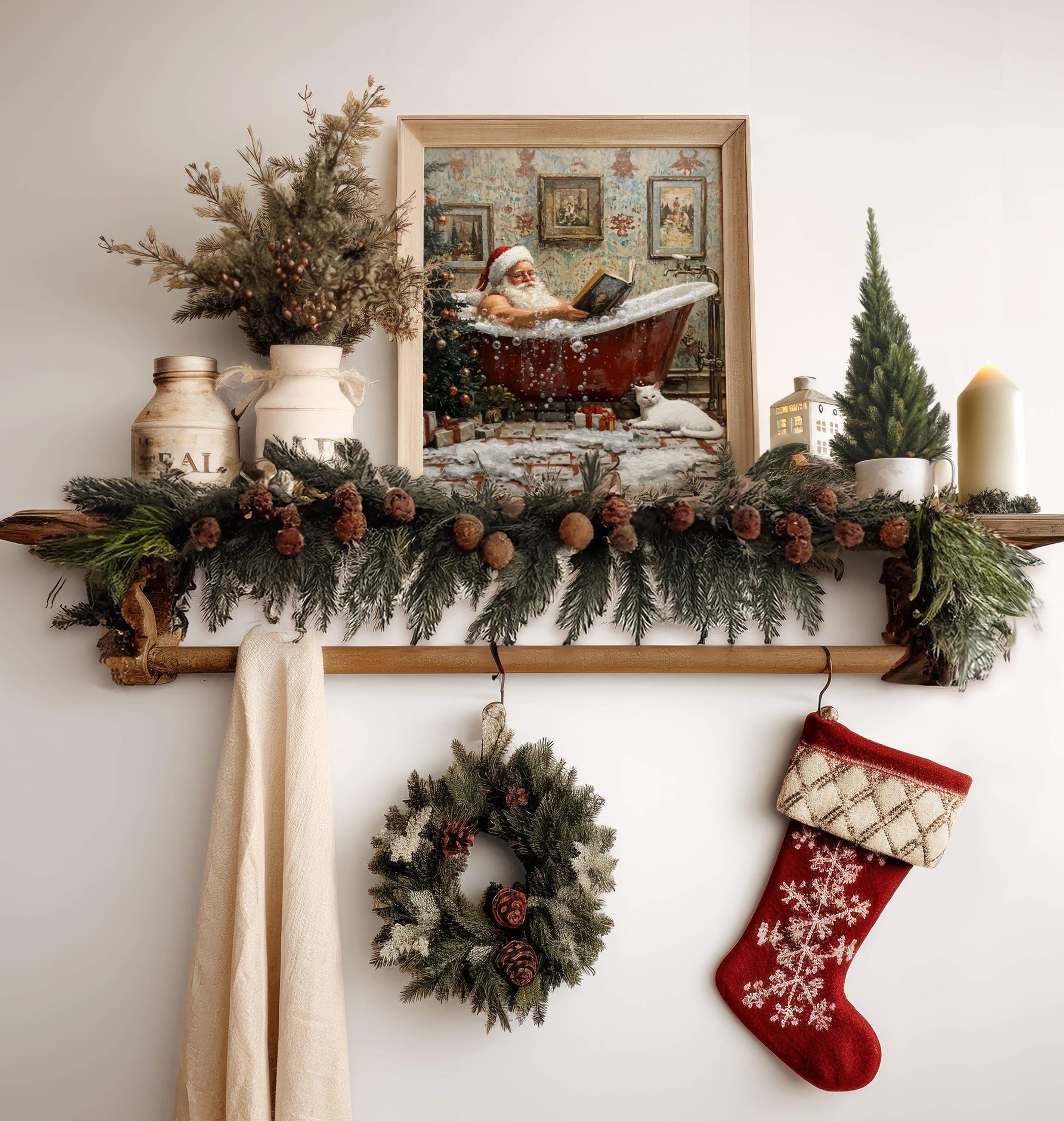 Santa Claus Reading in Bathtub Christmas Poster, Xmas Cat Christmas ...