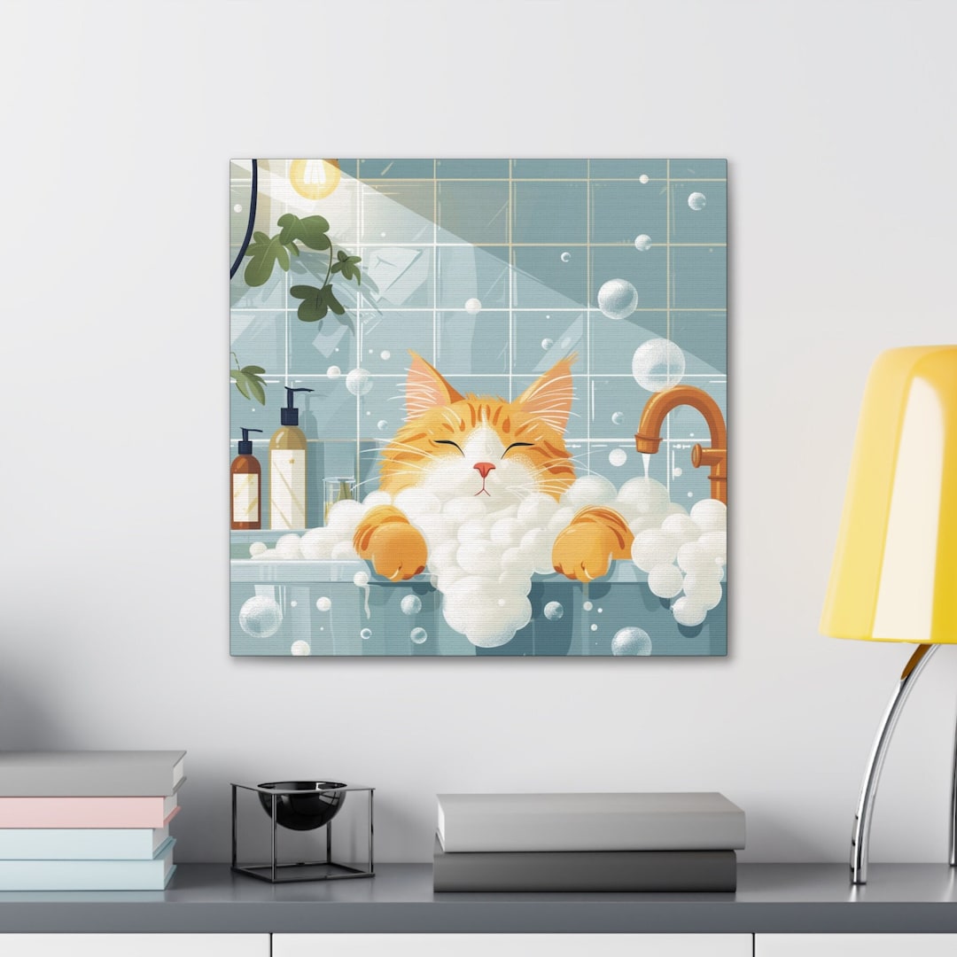 Ginger Cat Bubble Bath Wall Art Canvas, Cat Bathtub Print, Cat Lover ...