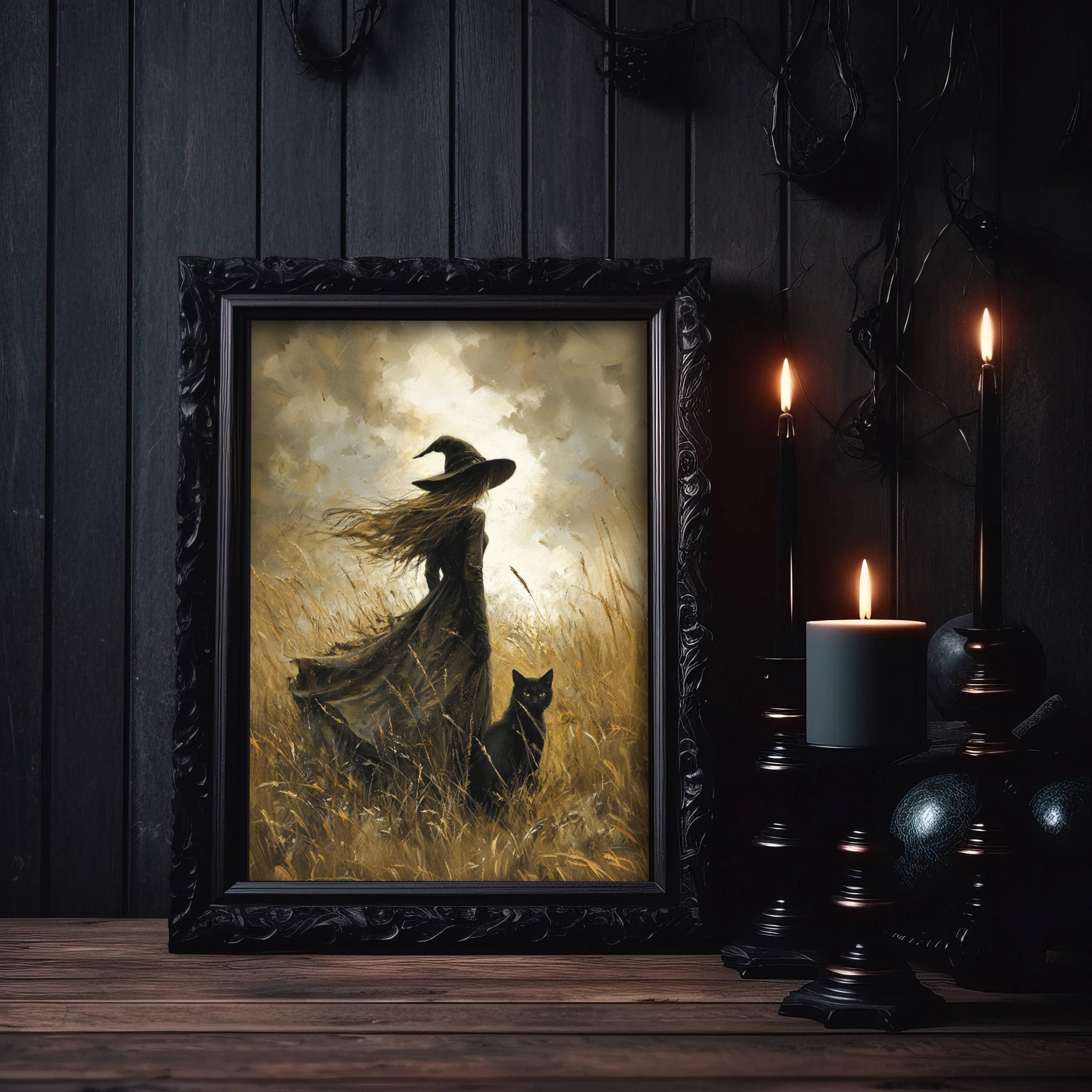 Witch and Black Cat in Field Poster, Witchy Wall Art, Halloween Home ...