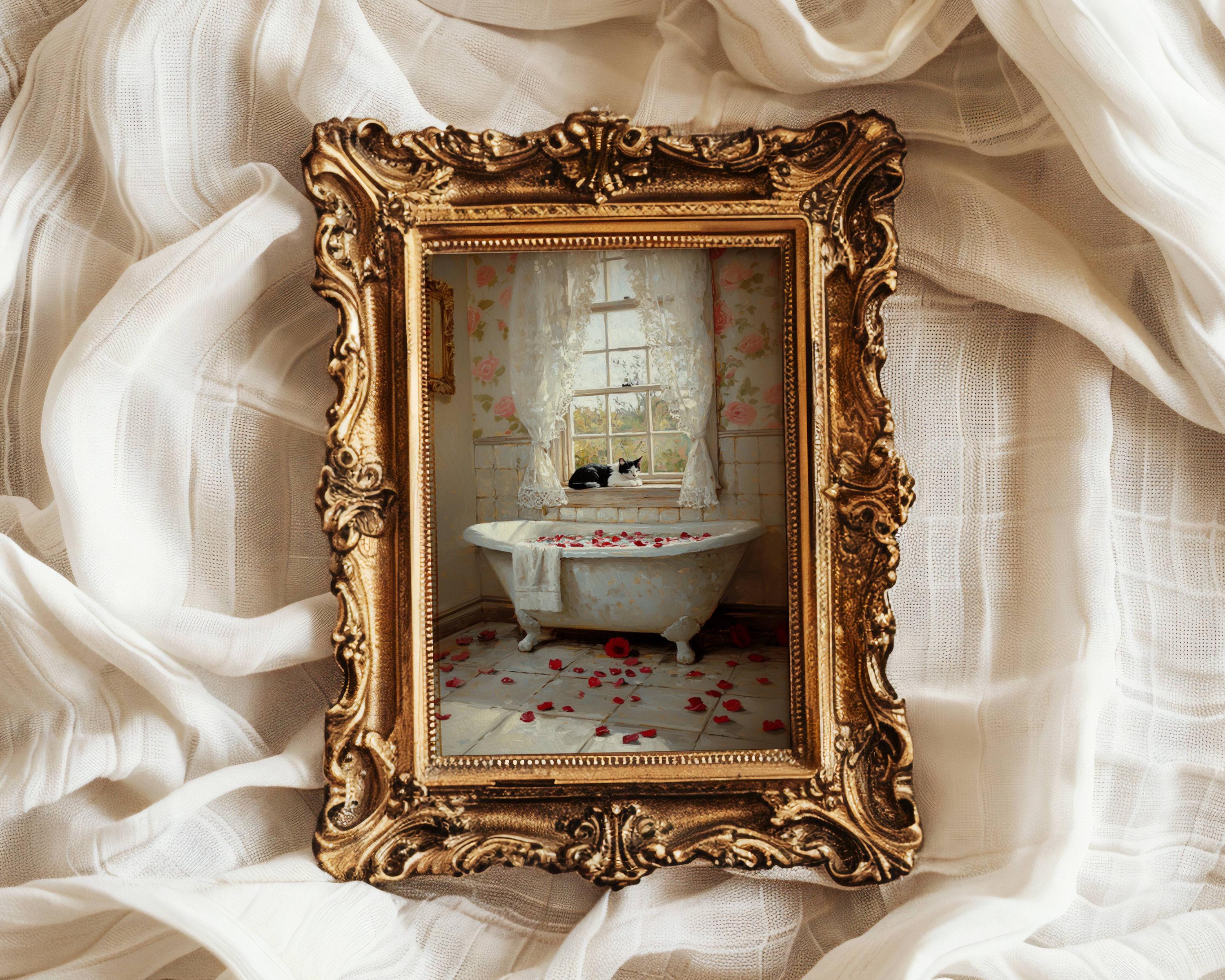 Tuxedo Cat Rose Bath Poster, Pretty Bathroom Wall Art, Floral Feline ...