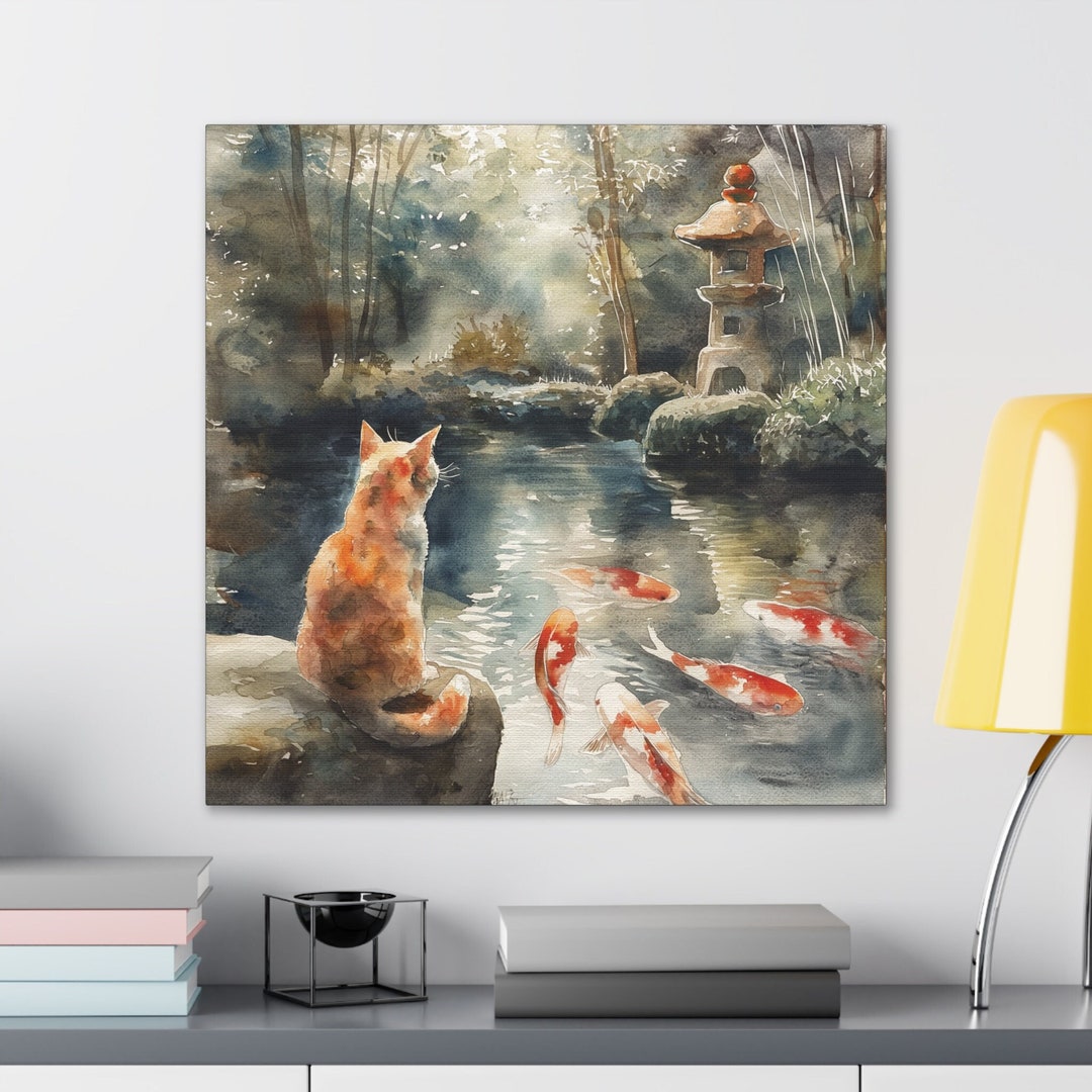 Cat and Koi Fish Canvas, Watercolor Cat Wall Art, Cute Kitty Wall Decor ...