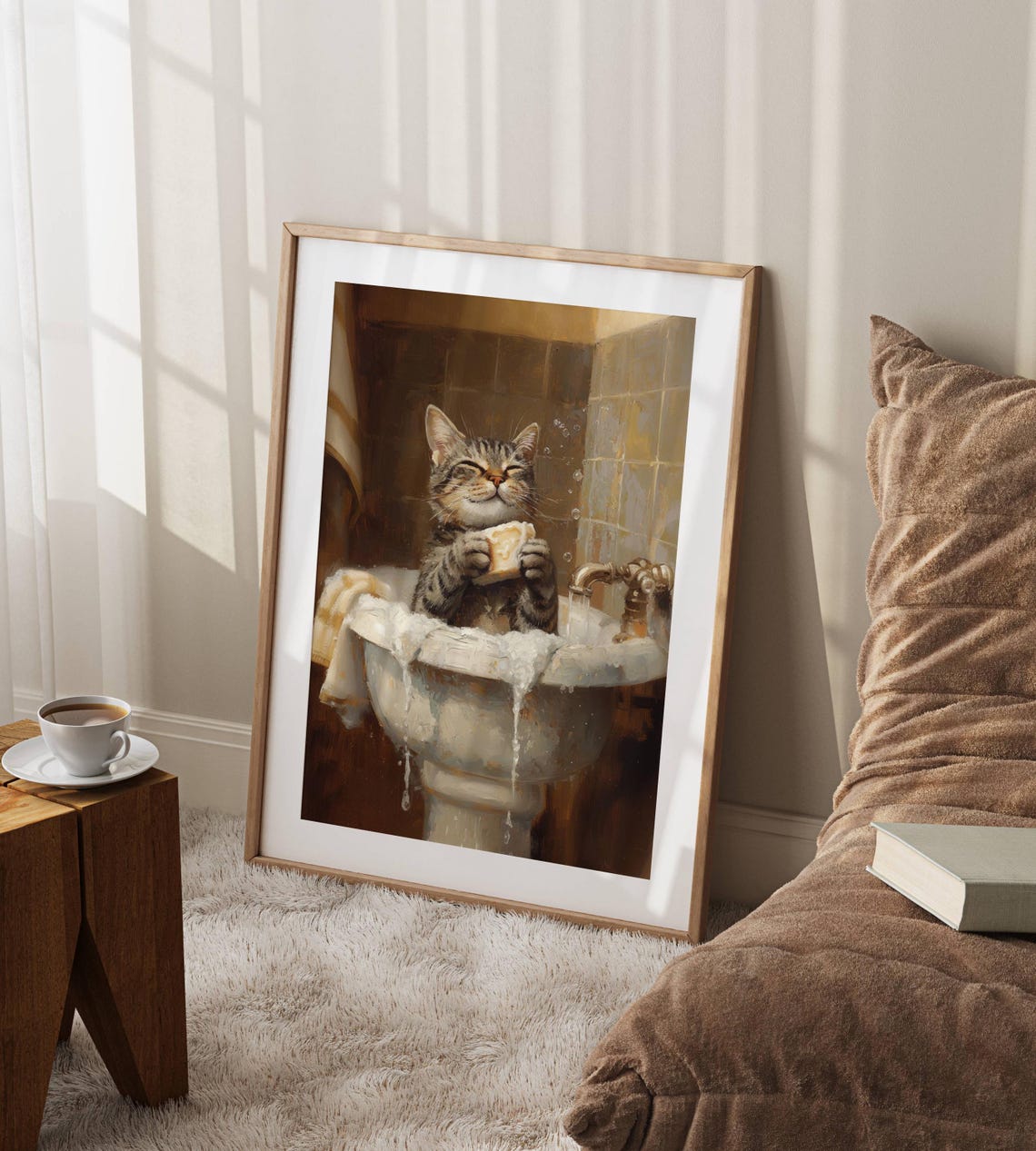 Tabby Cat Taking Bath in Sink Poster, Cute Cat Bathroom Decor, Cat ...