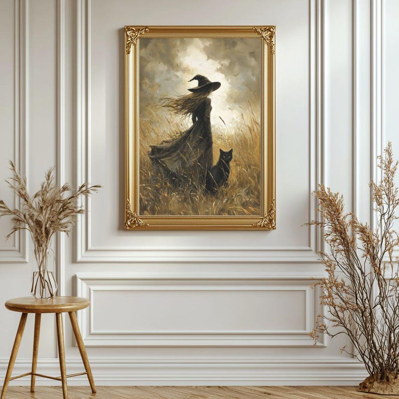 Witch and Black Cat in Field Poster, Witchy Wall Art, Halloween Home ...