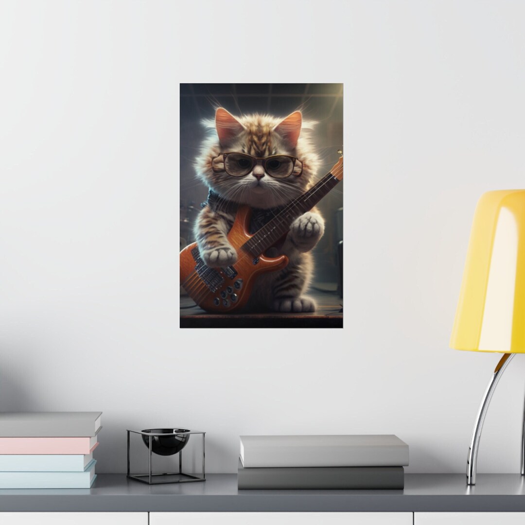 Rocker Cat Poster, Cat Bass Player Wall Art - Etsy