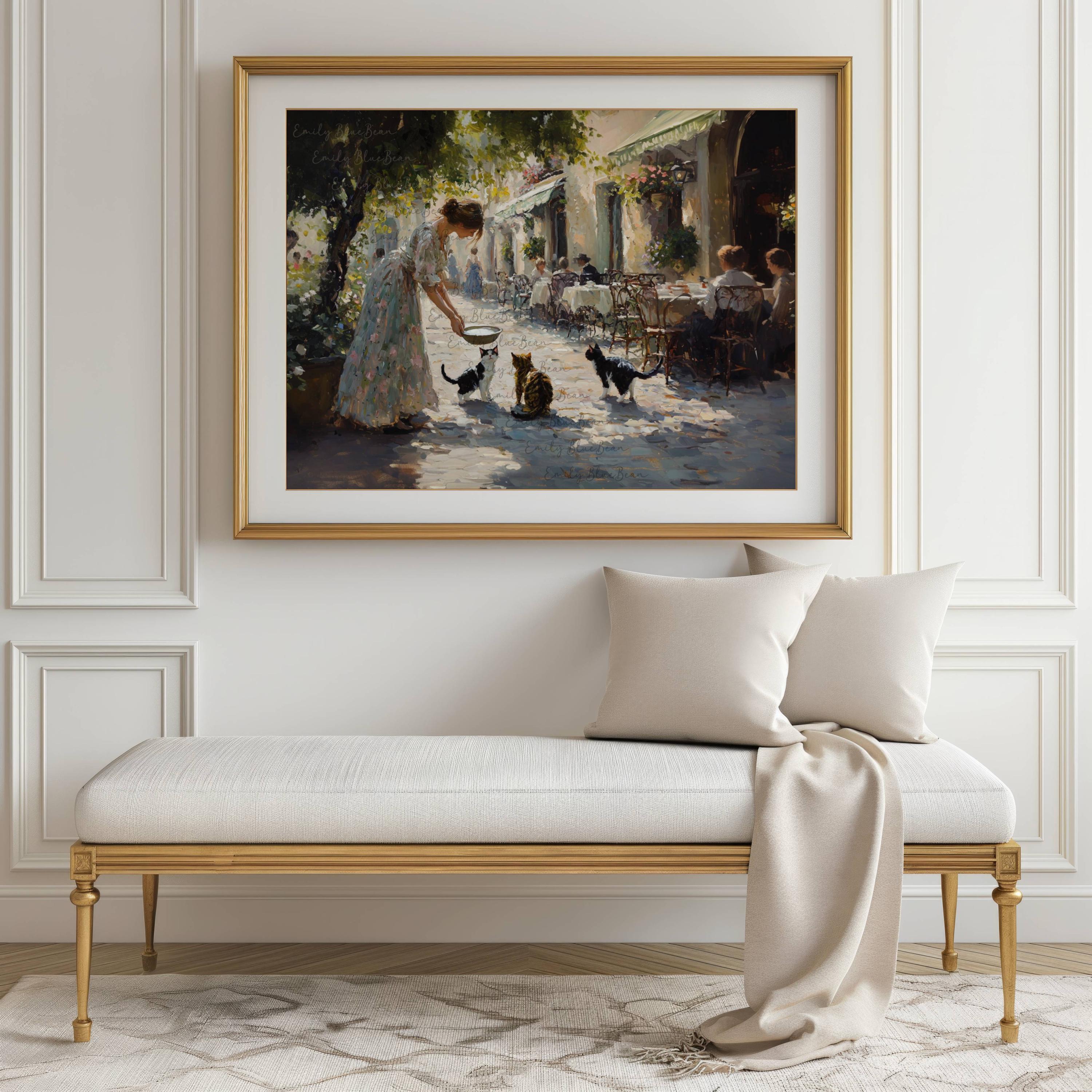 Woman Feeding Cats in Outdoor Cafe Poster, Cat Mom Wall Art ...