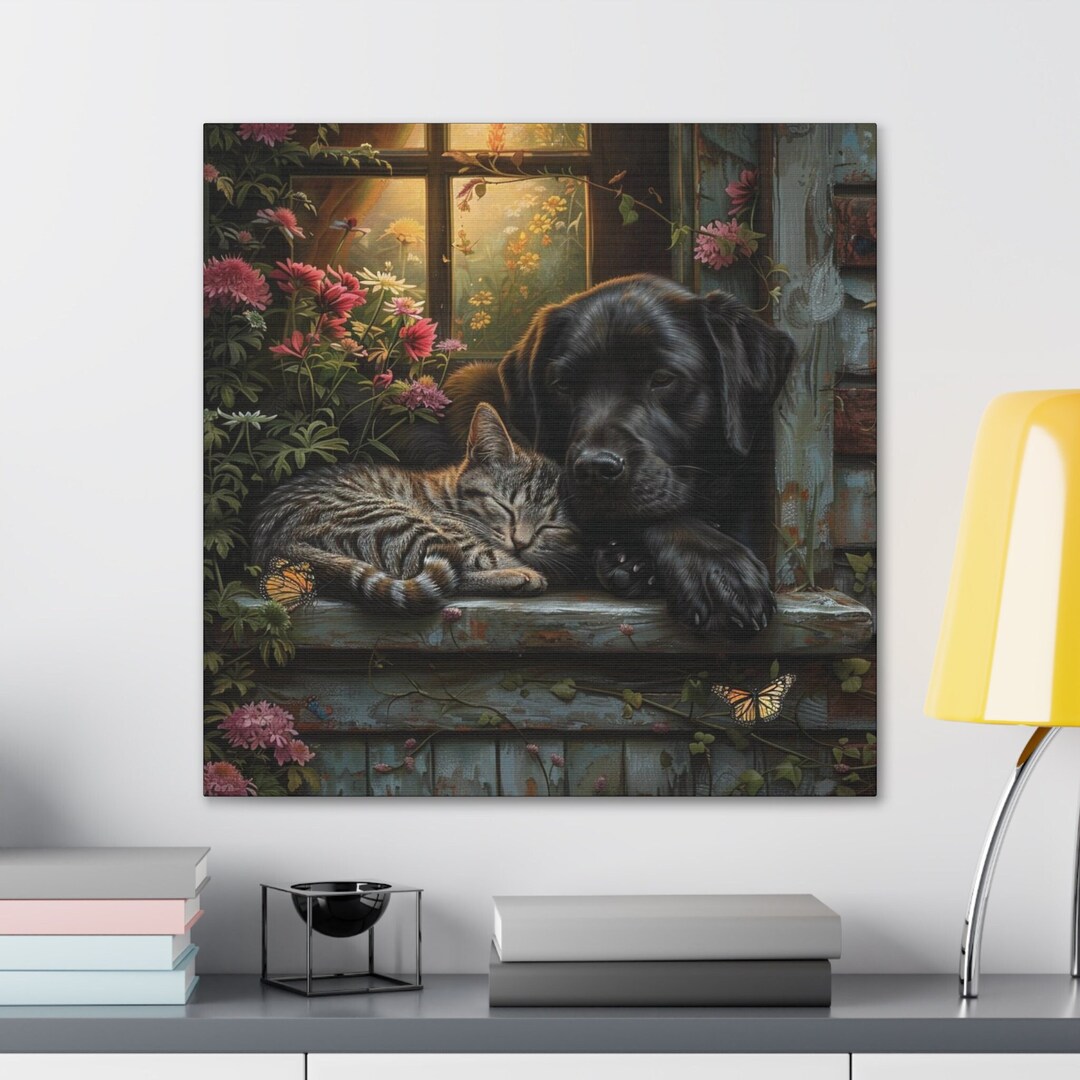 Black Labrador Retriever and Tabby Kitten Canvas Wall Art, Cat Mom Gift ...