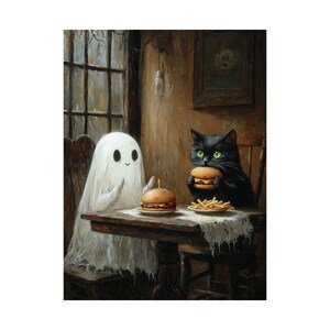 Ghost and Black Cat Eating Cheeseburgers Wall Art Poster, Spooky ...
