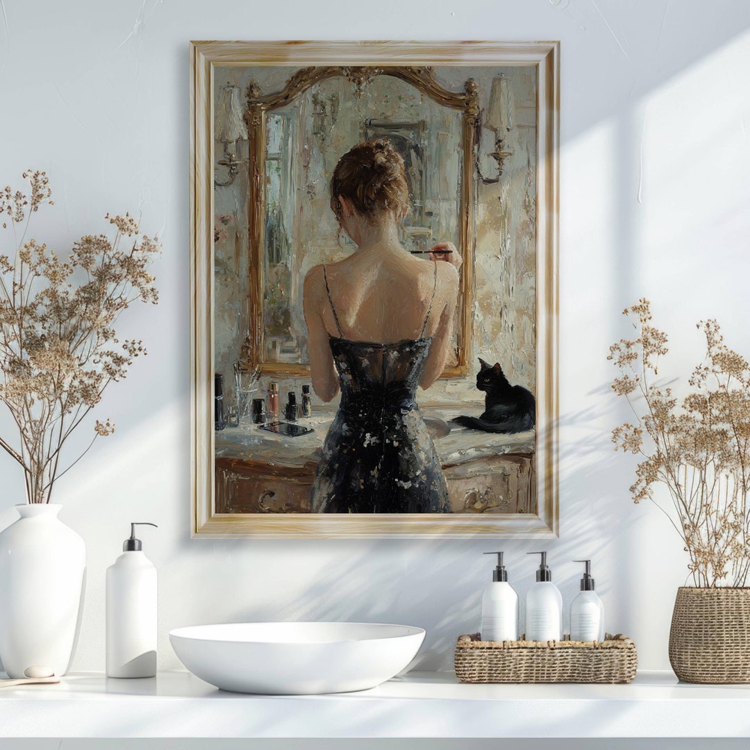 Impressionist Woman Applying Makeup at Vanity Poster, Romantic Bathroom ...