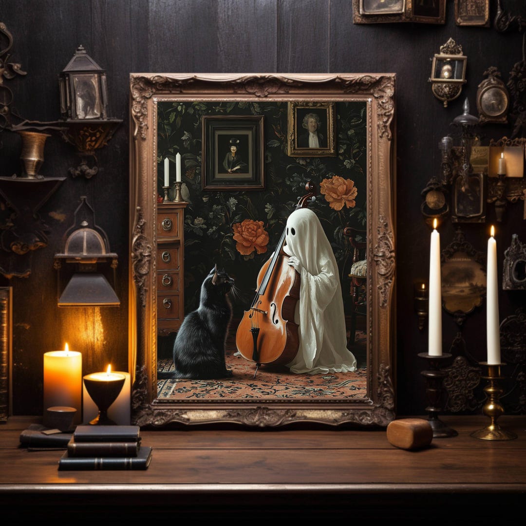 Ghost With Cello and Black Cat Poster, Gothic Music Room Decor ...