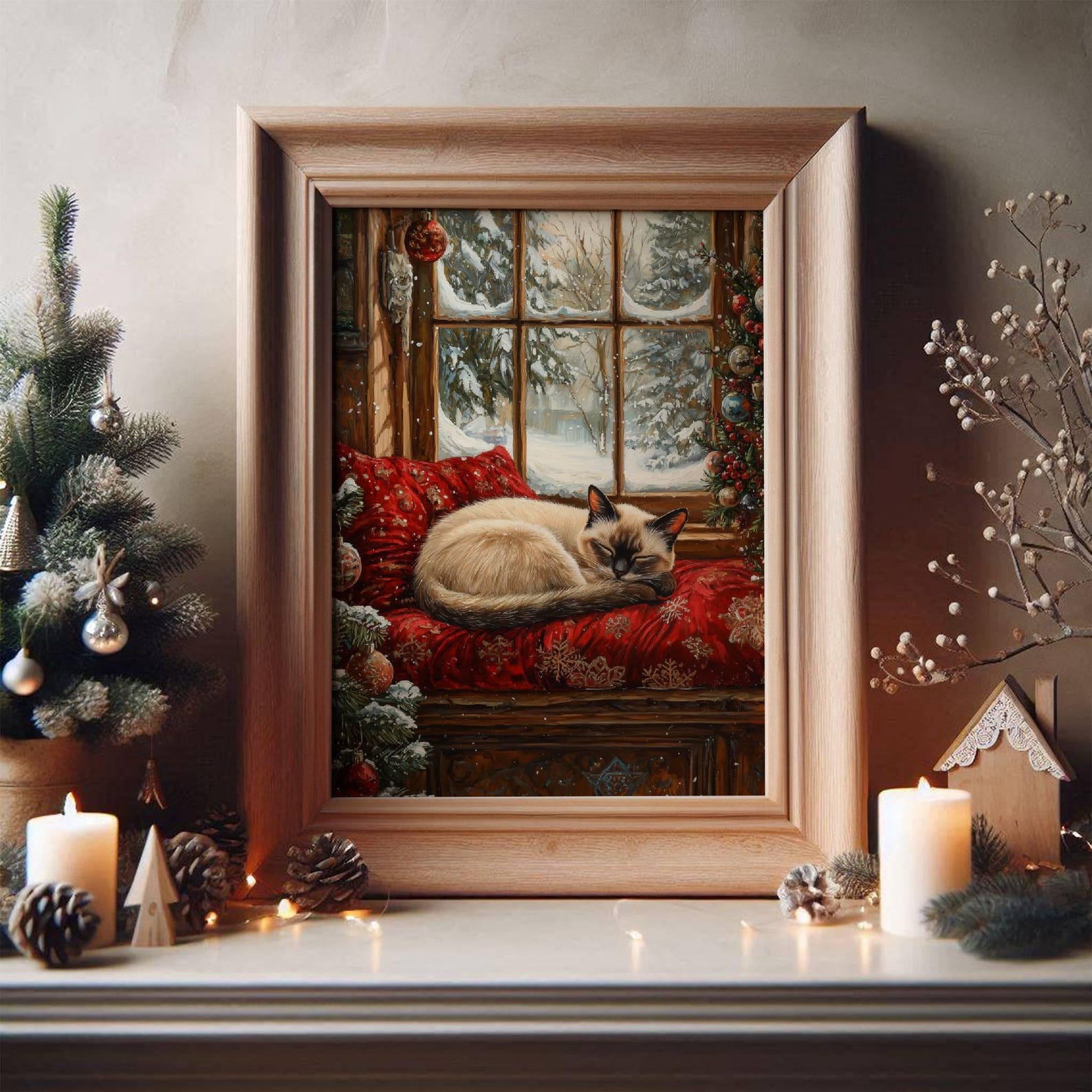 Christmas Siamese Cat Poster, Cat Lover Holiday Decor, Cat Mom Gift Art ...