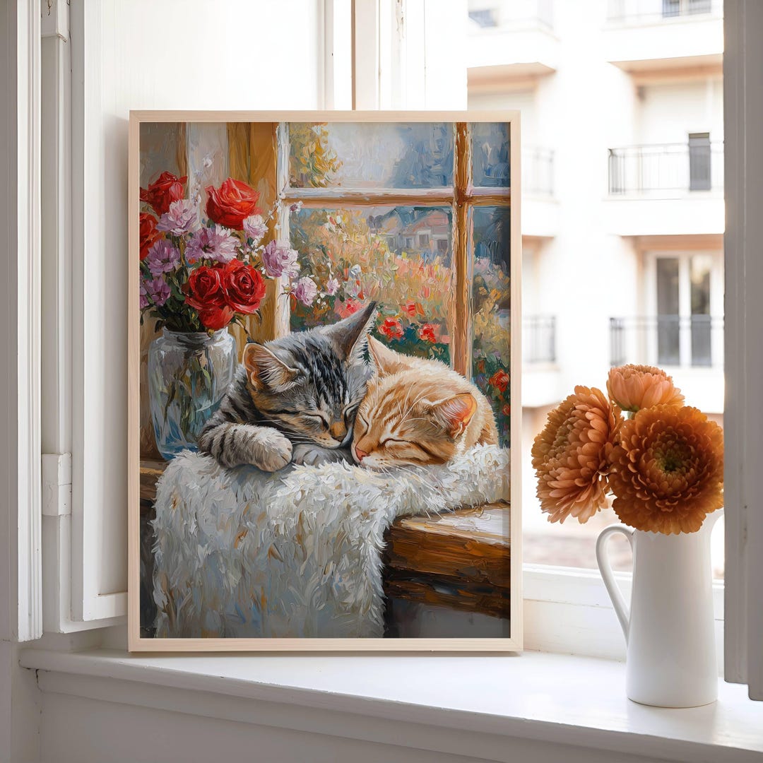 Tabby Cats in Window Poster, Floral Cat Art, Cat Lover Home Decor, Gray ...