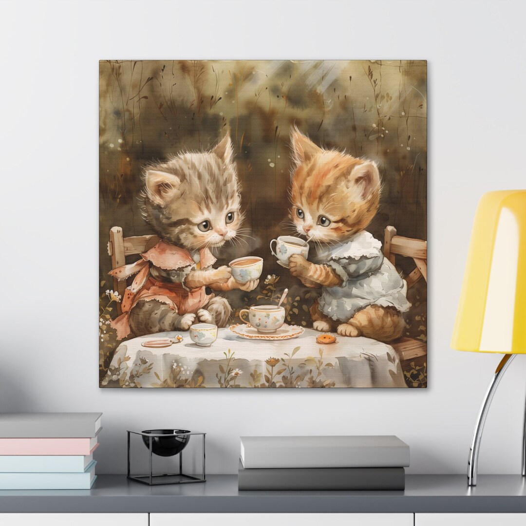 Kitten Tea Party Wall Art Canvas - Etsy