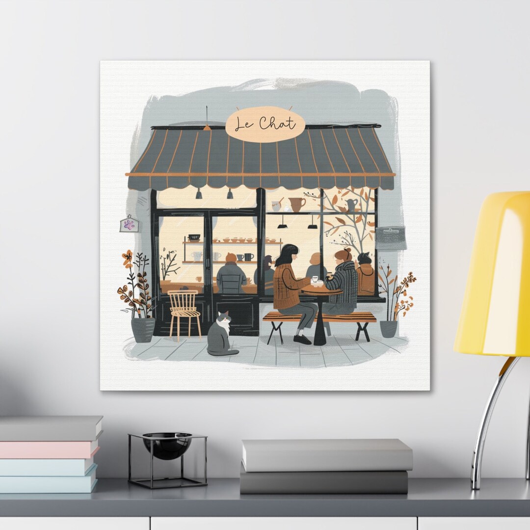 Le Chat Cat Cafe Canvas Wall Art, Cat Mom Gift Art, Cute Kitty Wall ...