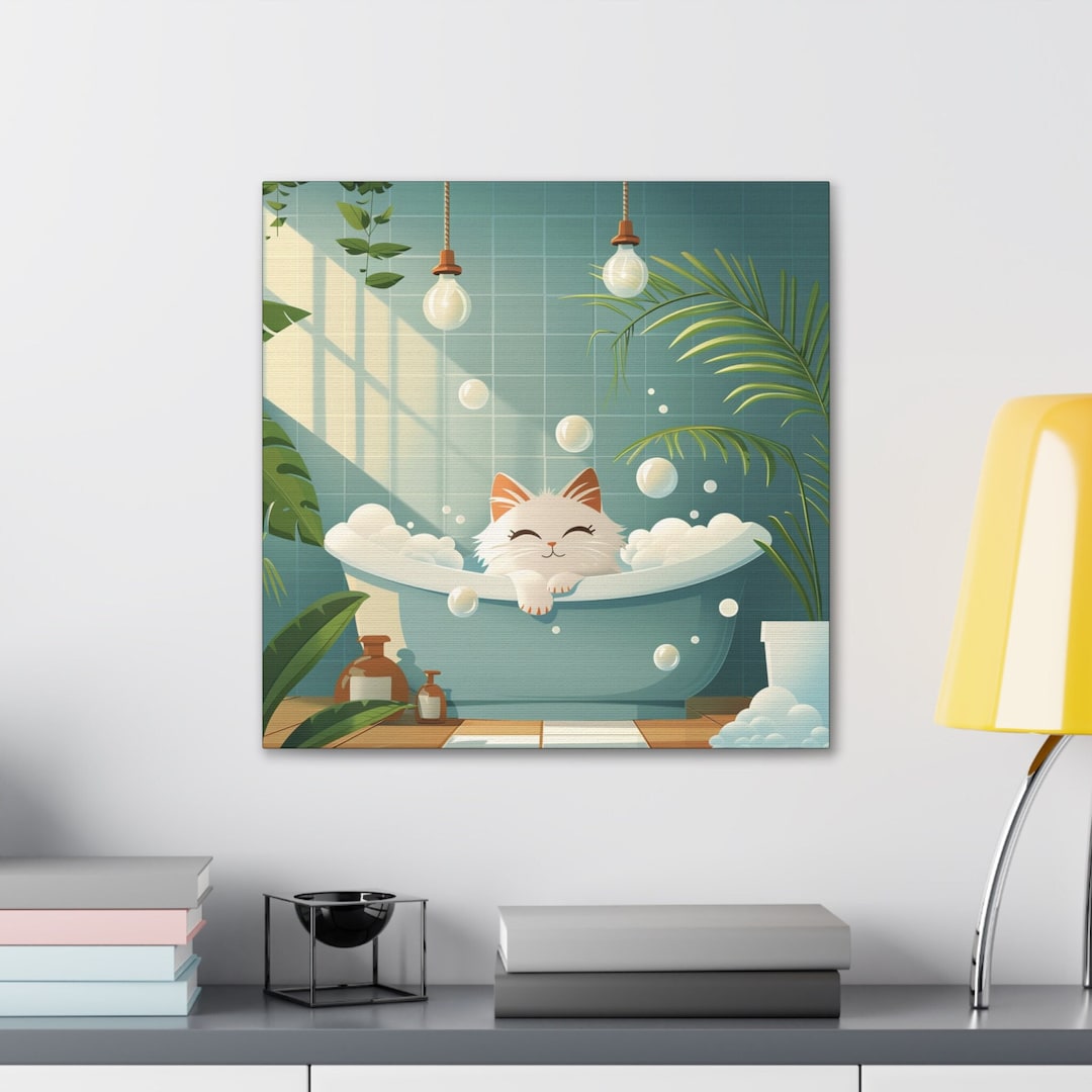 Cat Bubble Bath Wall Art Canvas, Cat Bathtub Print, Cat Lover Gift Art ...