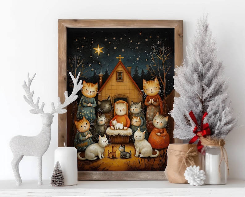 Folk Art Cat Nativity Scene Christmas Poster, Whimsical Holiday Cat ...