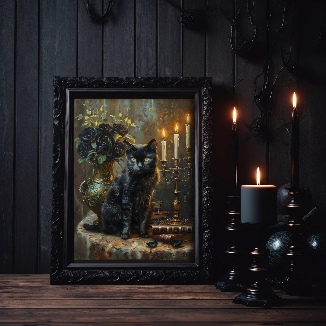 Gothic Black Roses and Black Cat Poster, Halloween Wall Art, Witchy Art ...