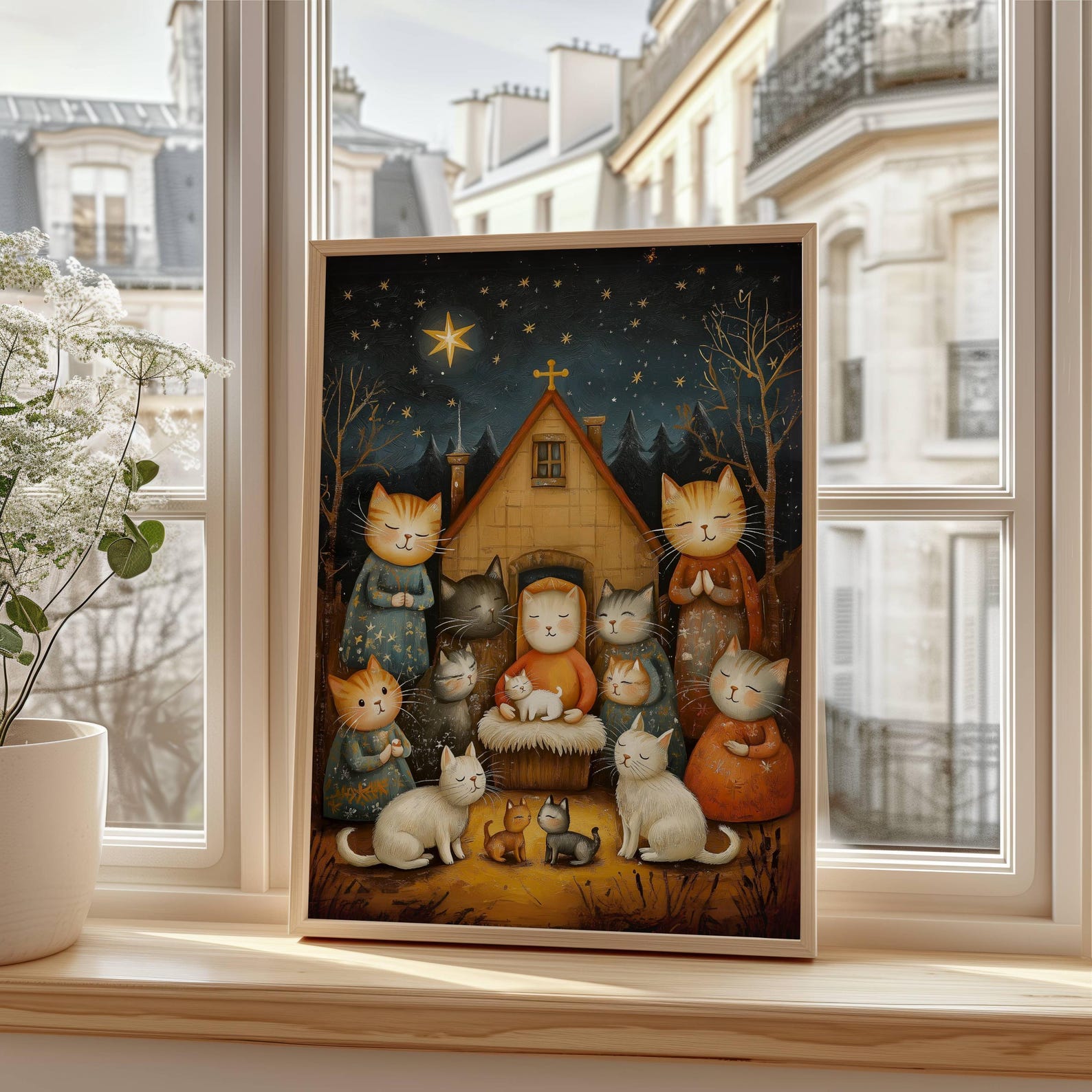Folk Art Cat Nativity Scene Christmas Poster, Whimsical Holiday Cat ...