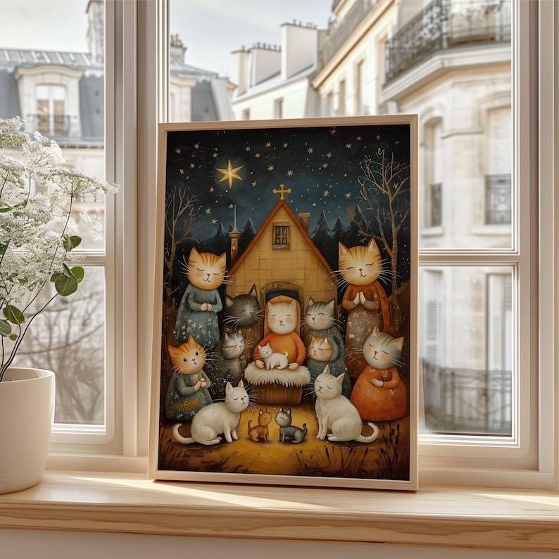 Folk Art Cat Nativity Scene Christmas Poster, Whimsical Holiday Cat ...