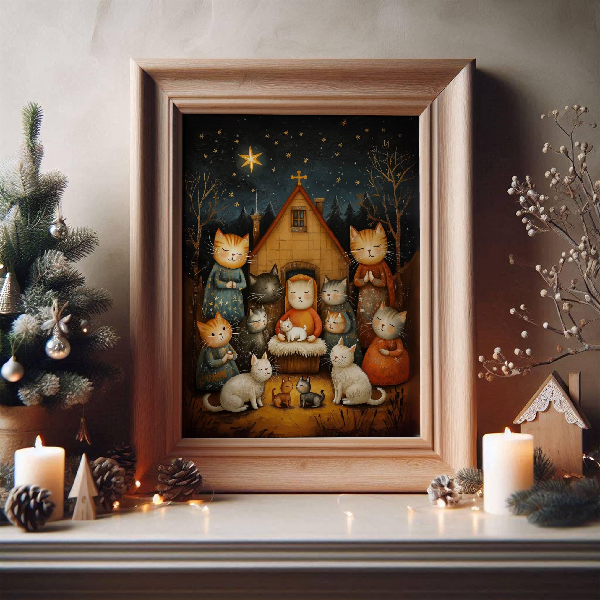 Folk Art Cat Nativity Scene Christmas Poster, Whimsical Holiday Cat ...