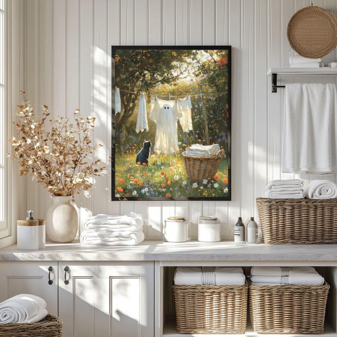 Ghost Laundry Poster, Funny Laundry Room Decor, Ghost and Black Cat ...