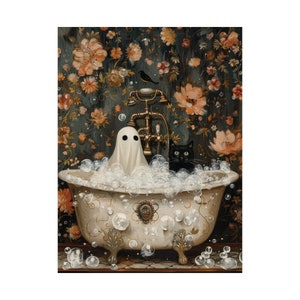 Ghost and Cat in Bathtub, Spooky Bubblebath Halloween Art, Black Cat ...