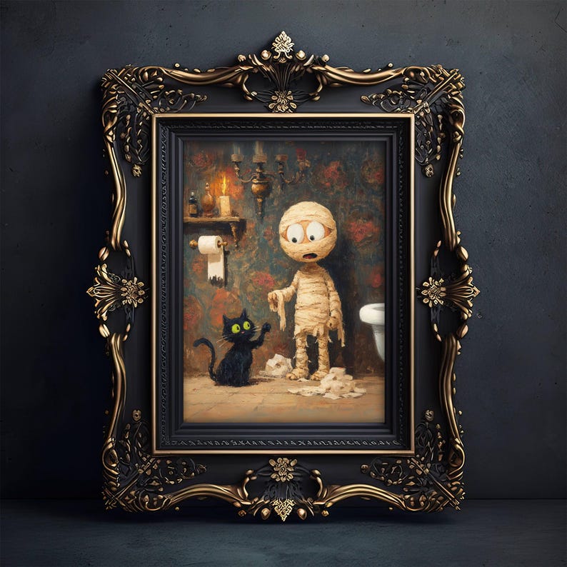 Halloween Black Cat and Mummy Print, Funny Bathroom Art, Spooky Cute ...