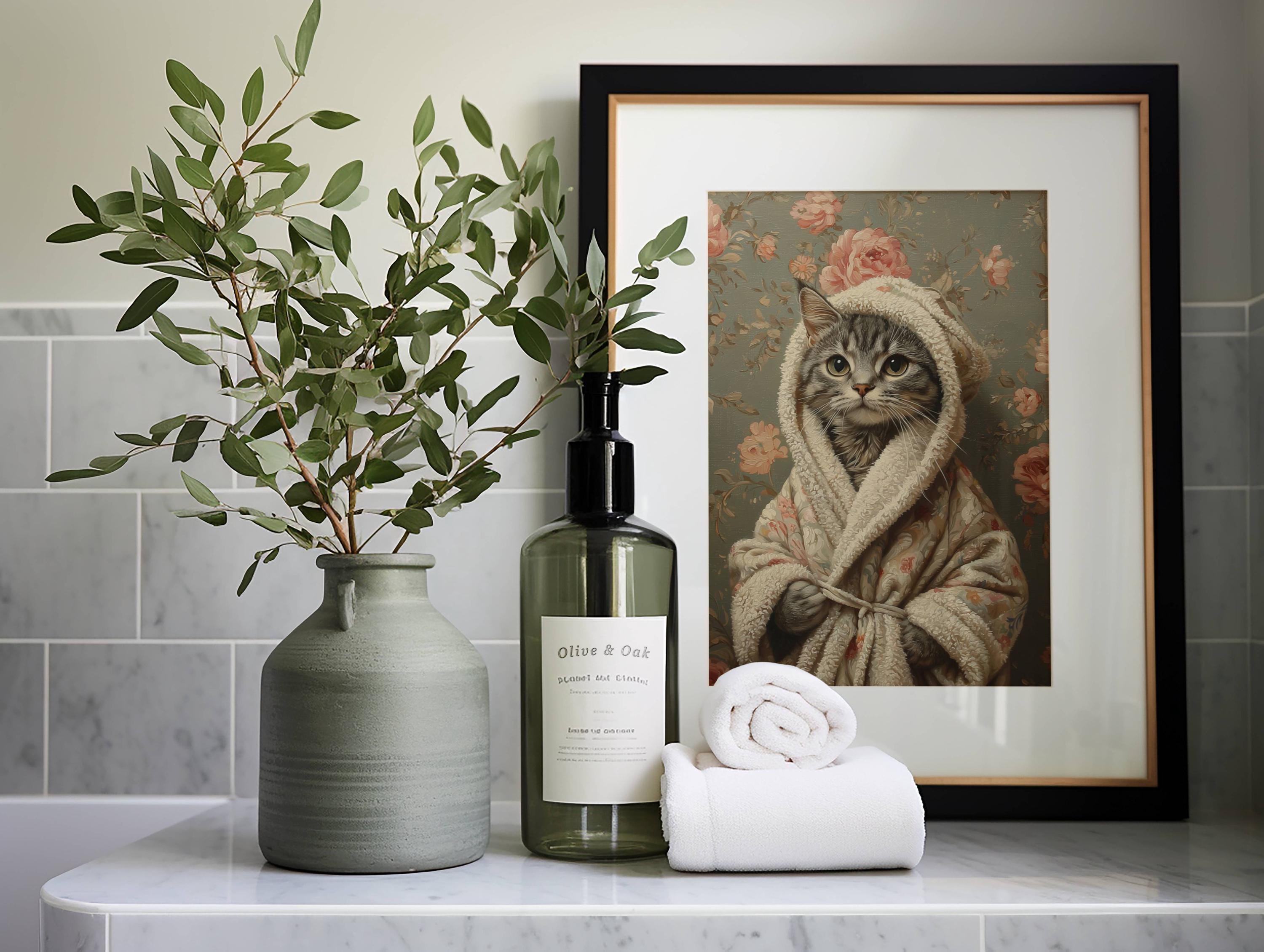 Gray Tabby Cat in Bathrobe Poster, Cute Cat Lover Bathroom Decor, Cat ...