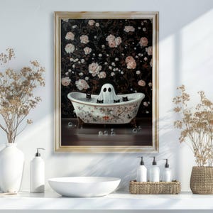 Ghost and Black Cats in Bathtub Poster, Spooky Cute Bathroom Art ...