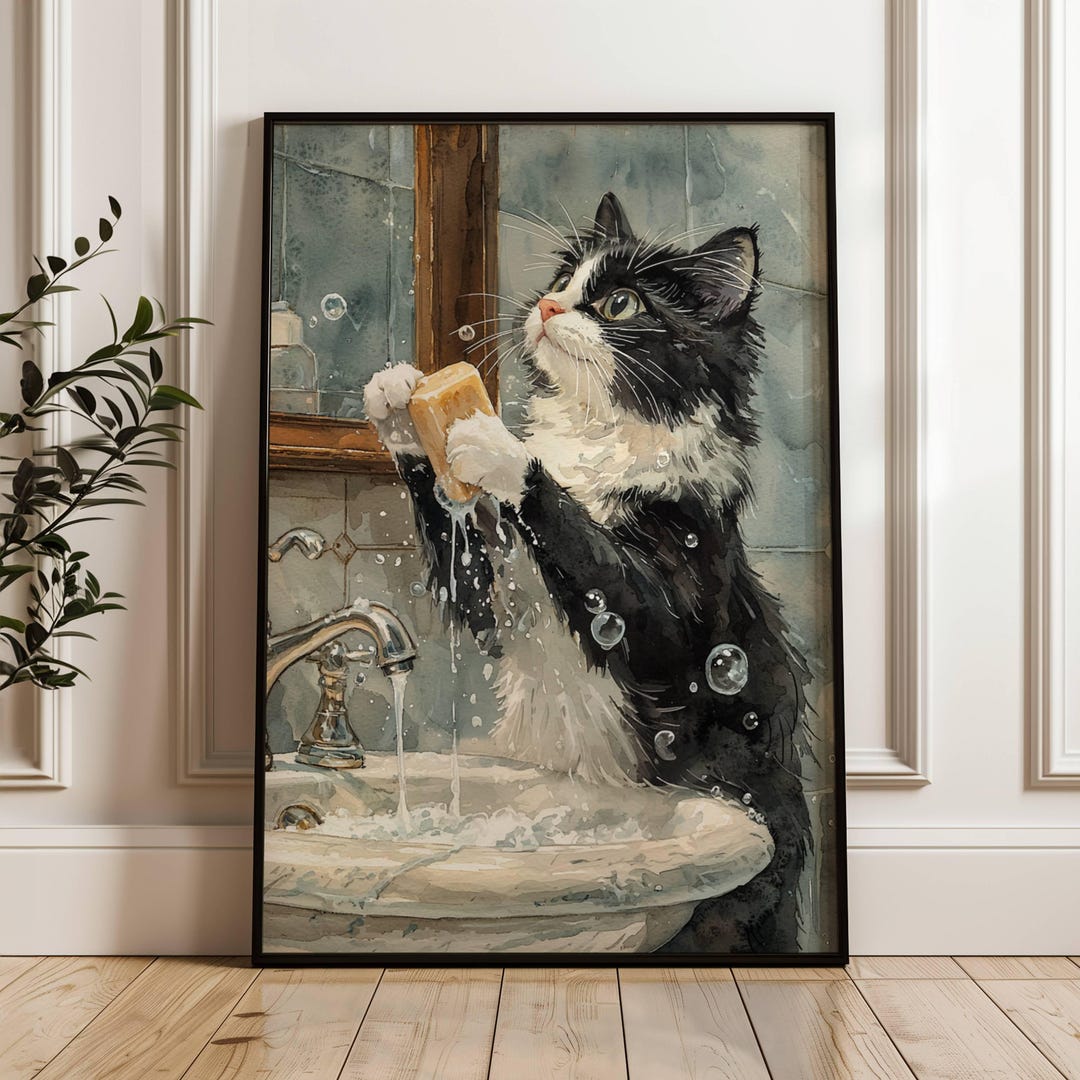 Tuxedo Cat Washing Paws DIGITAL DOWNLOAD, Cat PRINTABLE Wall Art - Etsy