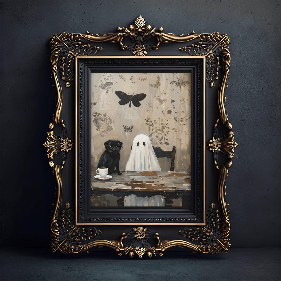 Ghost and Black Pug Coffee Time DIGITAL DOWNLOAD, Cat PRINTABLE Wall ...