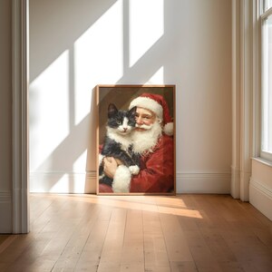 Santa and Tuxedo Cat Wall Art Poster, Cute Kitty Christmas Home Decor ...