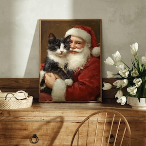 Santa and Tuxedo Cat Wall Art Poster, Cute Kitty Christmas Home Decor ...
