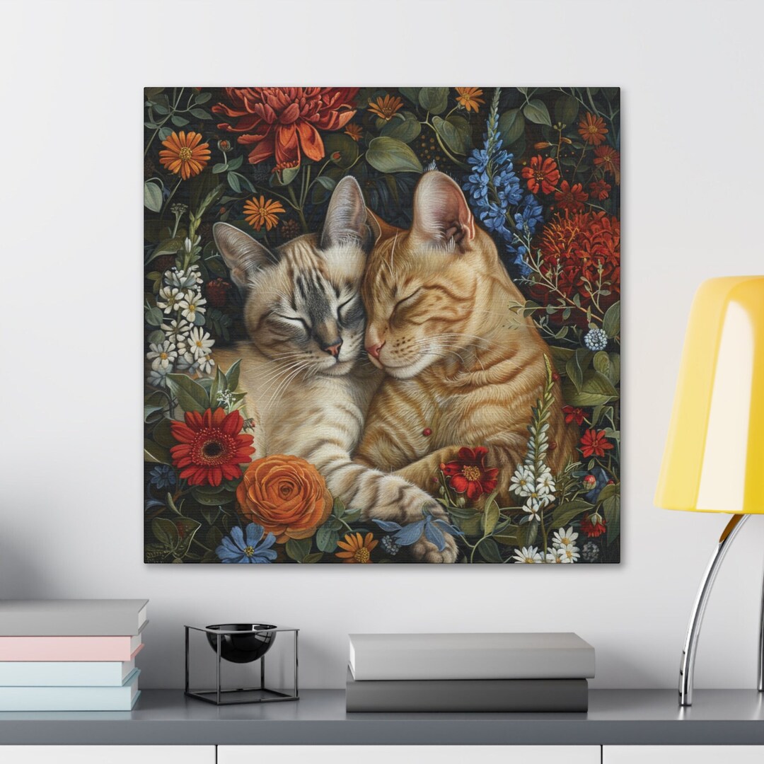 Lynx Point Siamese and Ginger Cat in Flowers Canvas Wall Art, Cat Mom ...