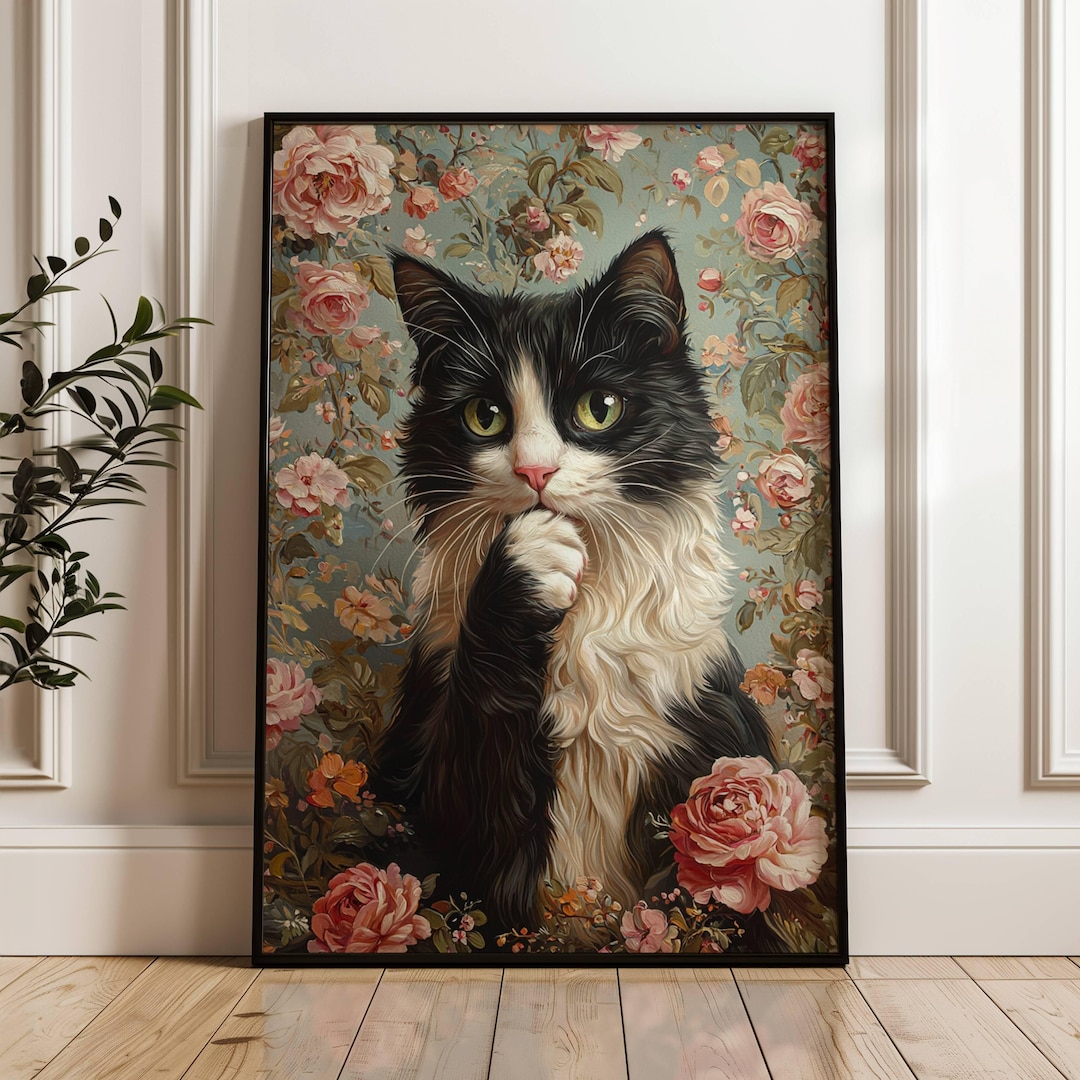 Floral Tuxedo Cat Poster, Cat Lover Wall Art, Cat Mom Gift, UNFRAMED - Etsy