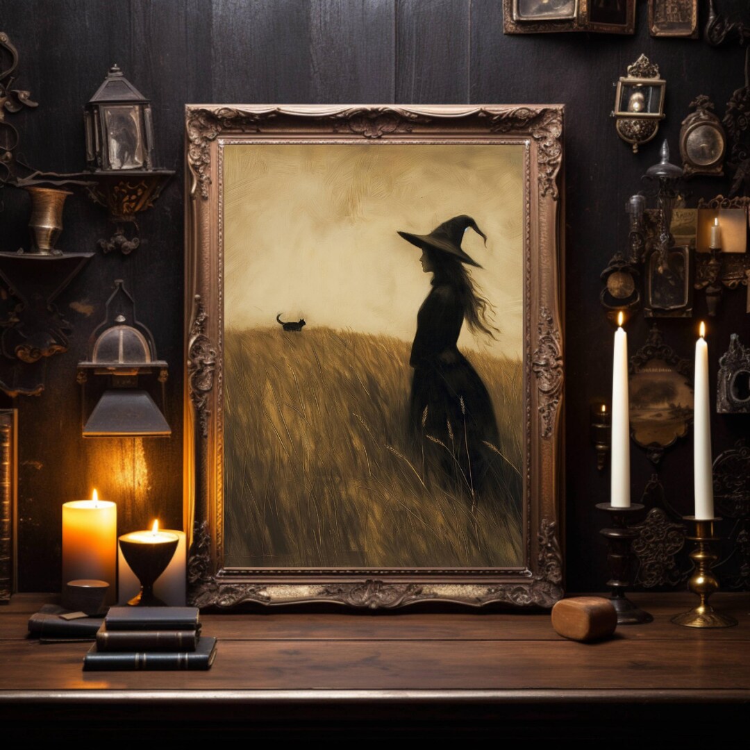 Witch in a Field With Black Cat Poster, Halloween Wall Art, Witchy Art ...