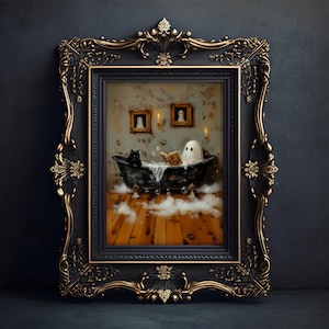 Ghost Reading Book in Bathtub Poster, Ghost and Black Cat Bubblebath ...