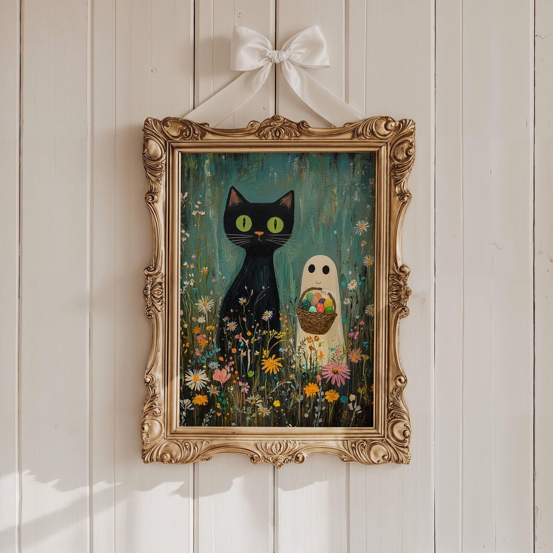 Black Cat and Ghost Easter Poster, Spooky Cute Easter Print, Cat and ...