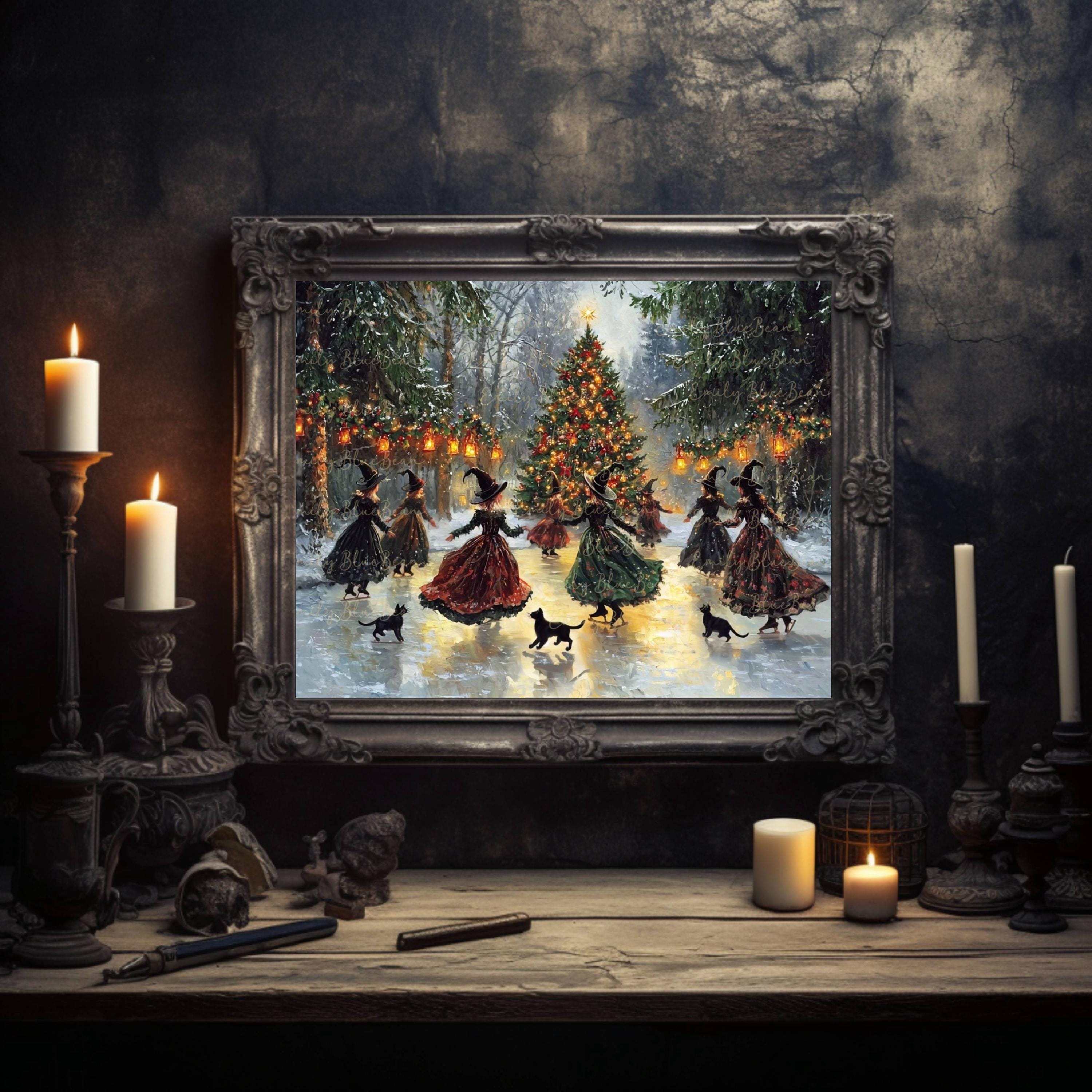 Winter Solstice Witches Ice Skating Wall Art Poster, Witchy Christmas ...