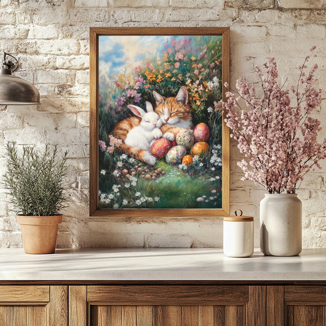 Easter Sleeping Orange Tabby Cat and White Bunny Poster, Cat and Rabbit ...