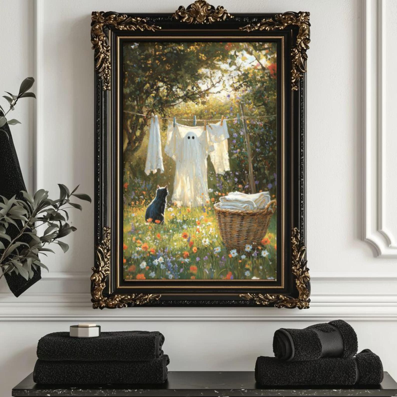 Ghost Laundry Poster, Funny Laundry Room Decor, Ghost and Black Cat ...
