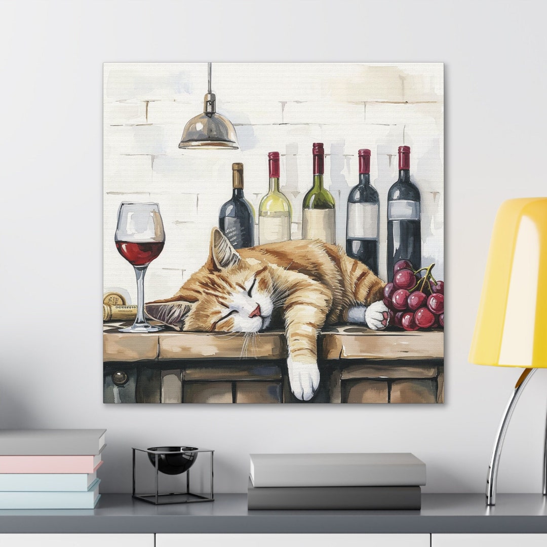 Cat Wine Wall Art Canvas, Cat Lover Kitchen Decor, Cat Mom Gift Art ...