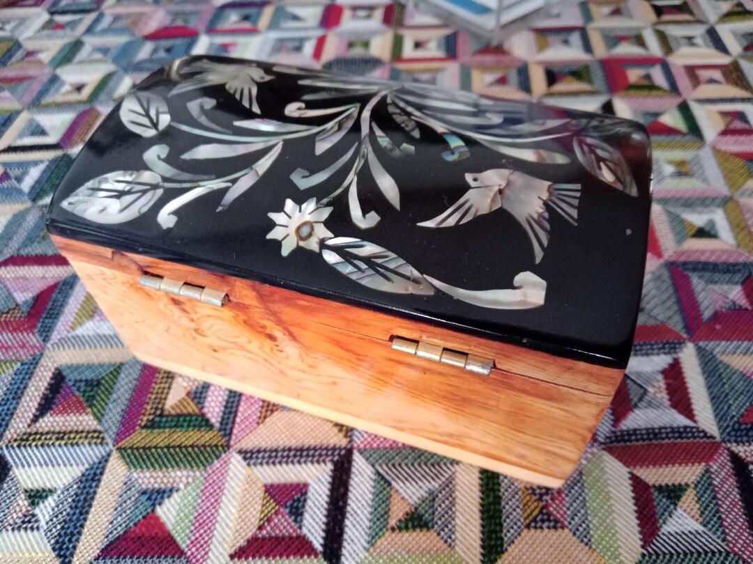 Vintage Mexican Wooden Black and Abalone Shell Trinket Box | Handmade ...