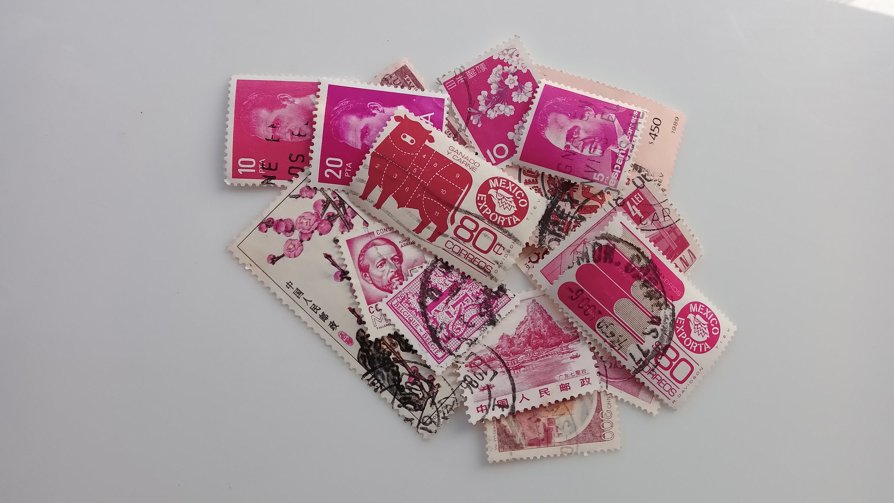 Vintage Pink Postal Stamps From Around the World, Used Postal Stamp ...