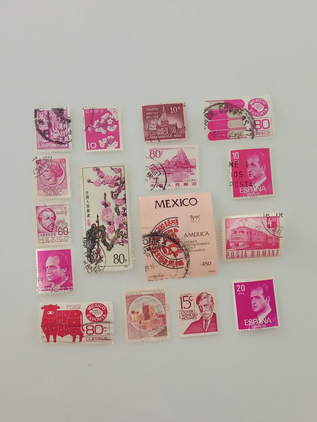 Vintage Pink Postal Stamps From Around the World, Used Postal Stamp ...
