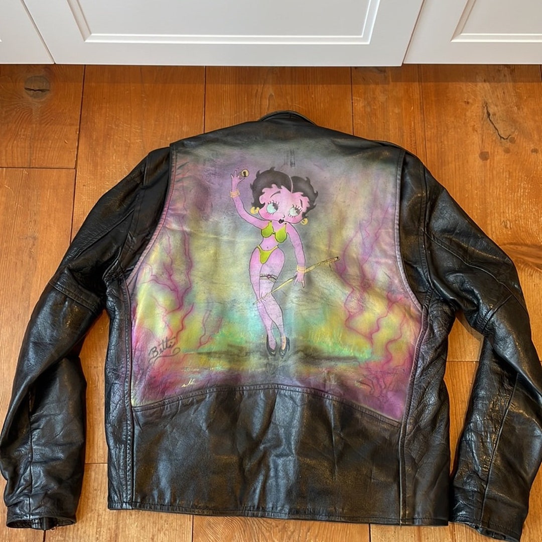 Vintage Betty Boop Leather Jacket, Black Customized Biker Coat, XXL ...