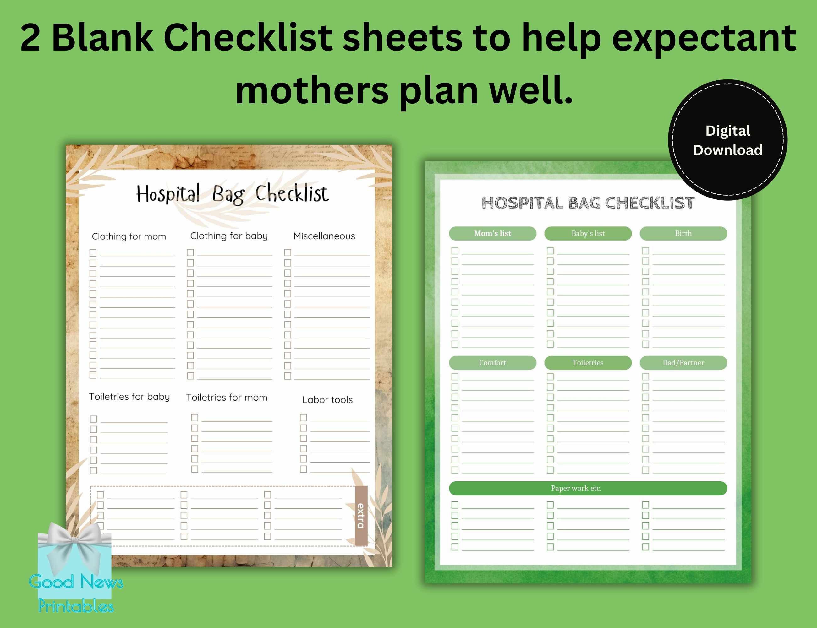Editable Printable Hospital Bag Checklist Sheets, US Letter & A4 Size ...